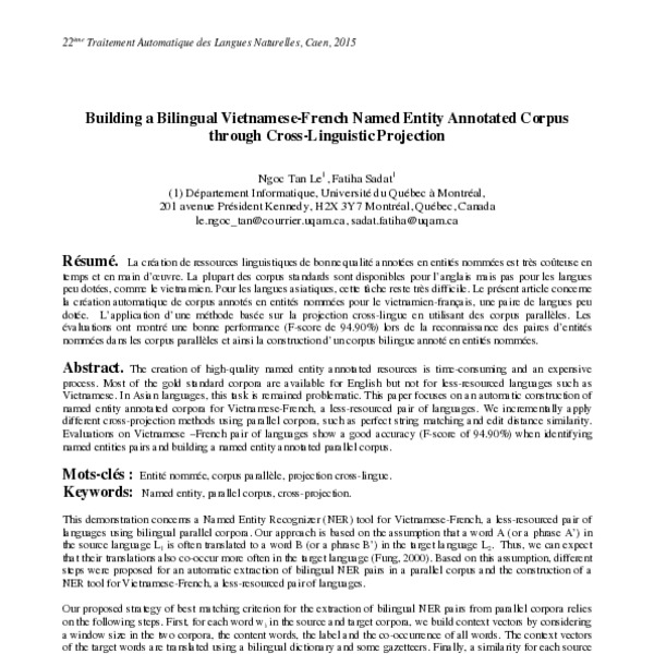 Building A Bilingual Vietnamese French Named Entity Annotated Corpus