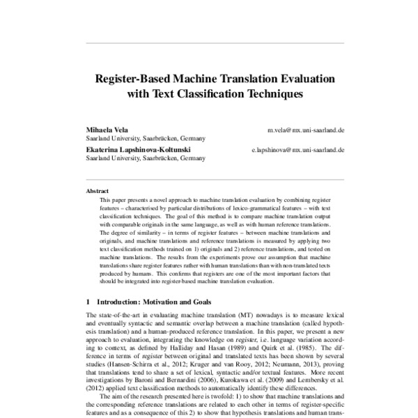 Register-based machine translation evaluation with text classification techniques - ACL Anthology