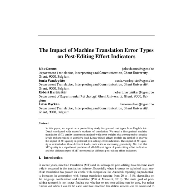 The impact of machine translation error types on post-editing effort ...