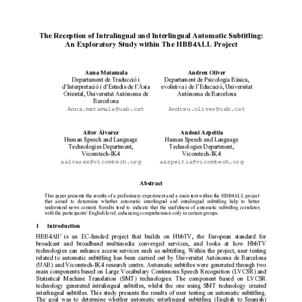 The reception of intralingual and interlingual automatic subtitling: An ...