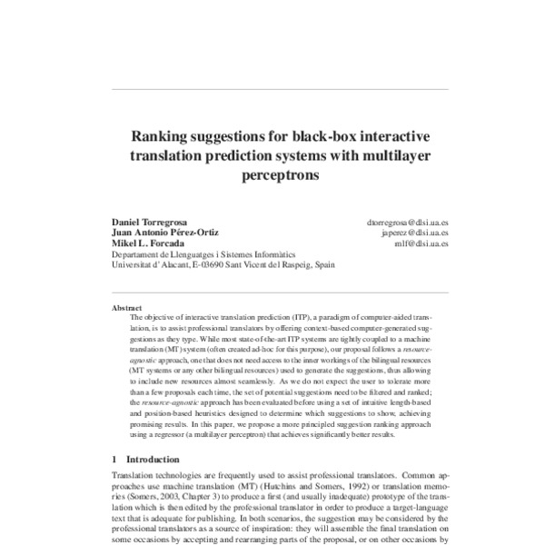 Ranking suggestions for black-box interactive translation prediction systems with multilayer ...