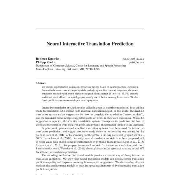 Neural Interactive Translation Prediction - ACL Anthology