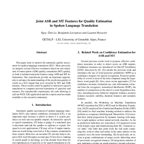 Joint ASR and MT Features for Quality Estimation in Spoken Language ...