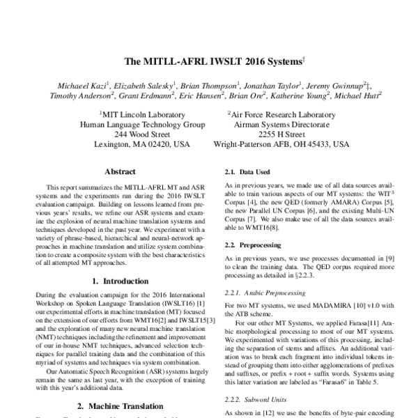 The MITLL-AFRL IWSLT 2016 Systems - ACL Anthology