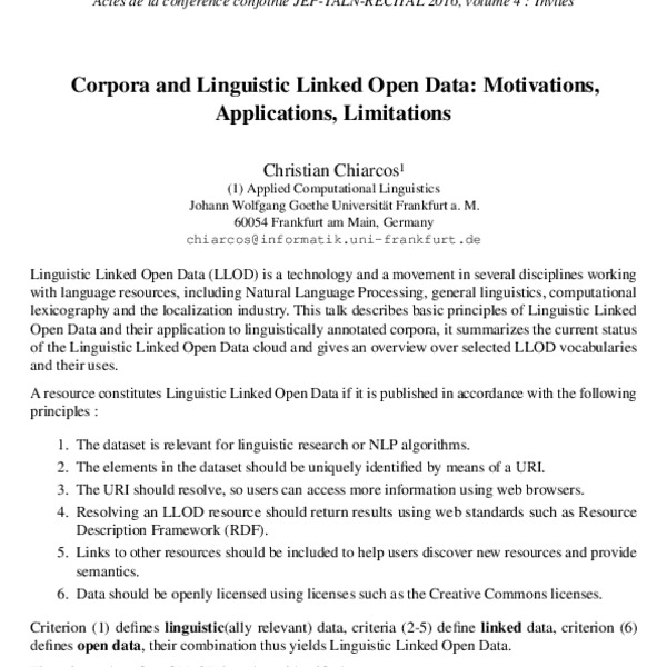 Corpora and Linguistic Linked Open Data: Motivations, Applications, Limitations - ACL Anthology