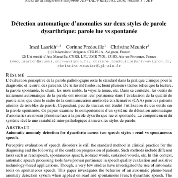 Détection automatique d’anomalies sur deux styles de parole ...