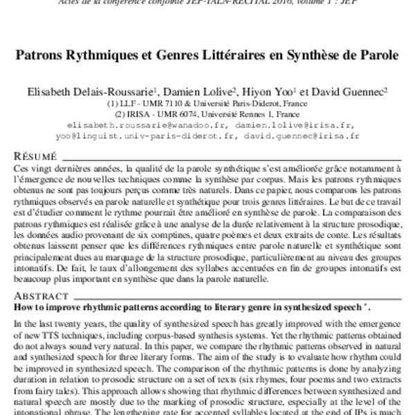 Patrons Rythmiques et Genres Littéraires en Synthèse de la Parole (How ...