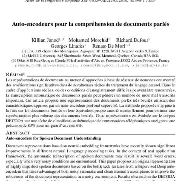 Auto-encodeurs pour la compréhension de documents parlés (Auto-encoders ...