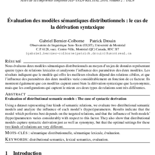 Évaluation des modèles sémantiques distributionnels : le cas de la ...