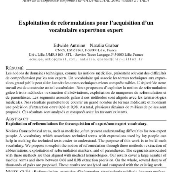 Exploitation de reformulations pour l’acquisition d’un vocabulaire ...