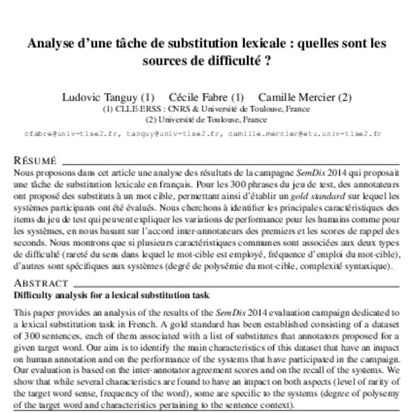 Analyse d’une tâche de substitution lexicale : quelles sont les sources ...