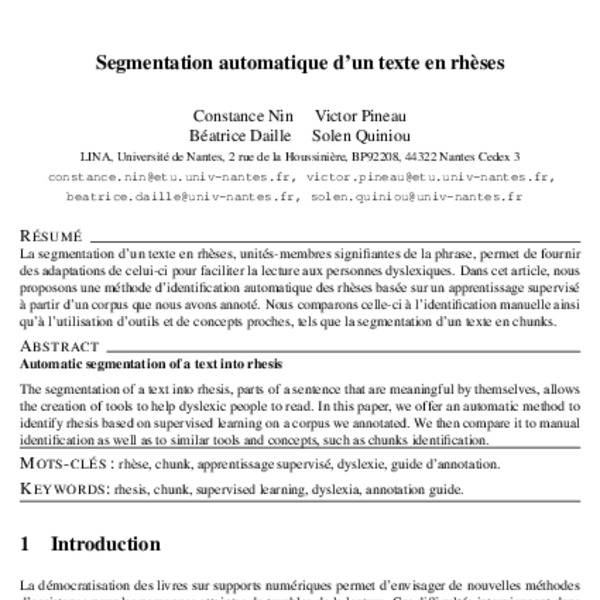 Segmentation automatique d’un texte en rhèses (Automatic segmentation of a text into rhesis ...