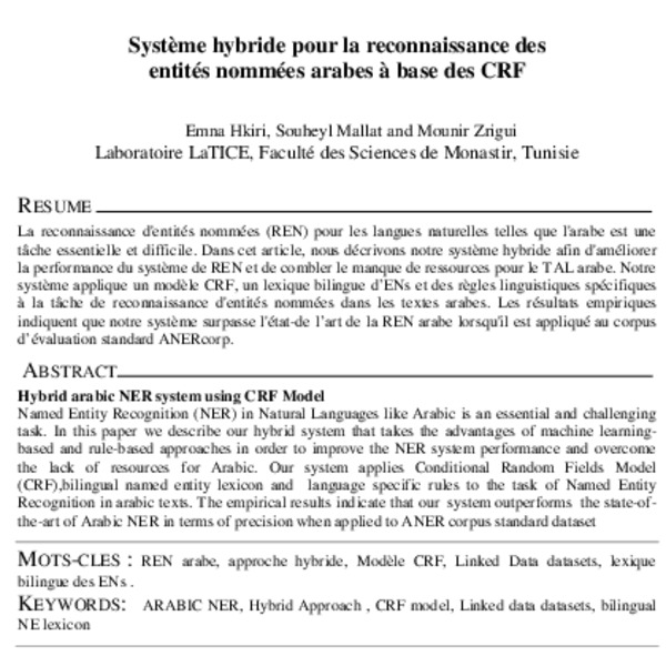 Système hybride pour la reconnaissance des entités nommées arabes à ...