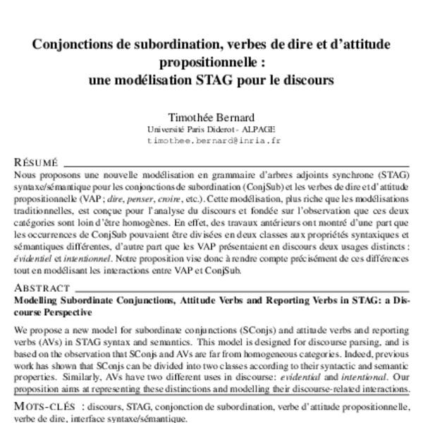 Conjonctions de subordination, verbes de dire et d’attitude ...