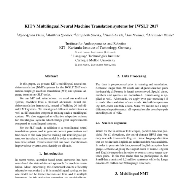 KIT’s Multilingual Neural Machine Translation systems for IWSLT 2017 - ACL Anthology