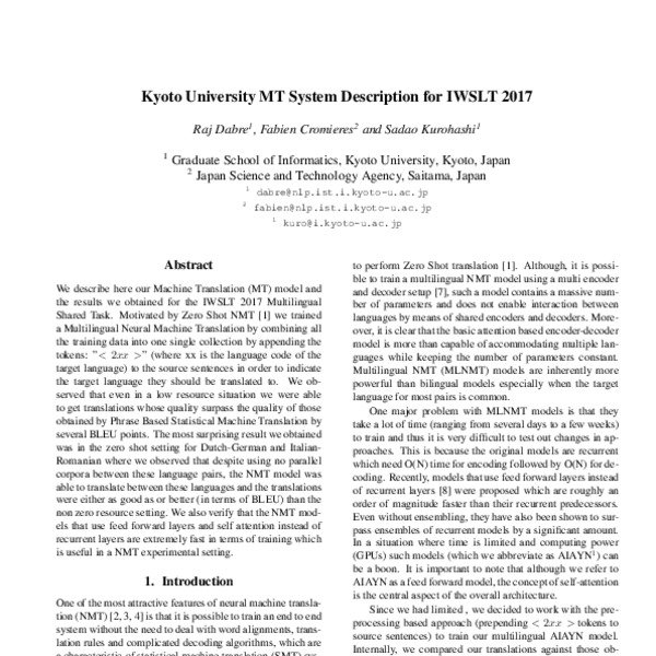 Kyoto University MT System Description for IWSLT 2017 - ACL Anthology