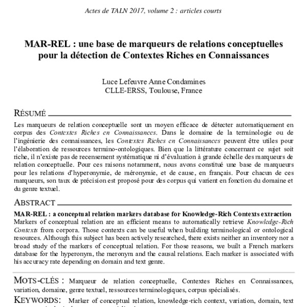 MAR-REL : une base de marqueurs de relations conceptuelles pour la ...