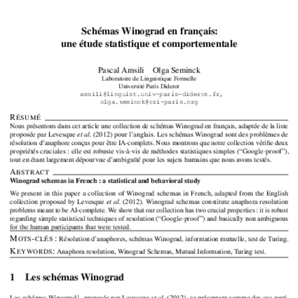 Schémas Winograd en français: une étude statistique et comportementale ...