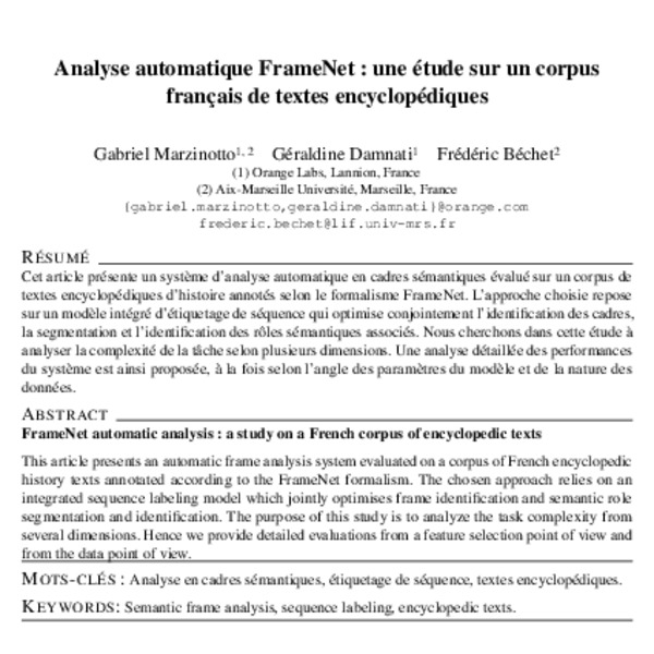Analyse automatique FrameNet : une étude sur un corpus français de ...