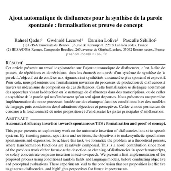 Ajout automatique de disfluences pour la synthèse de la parole ...