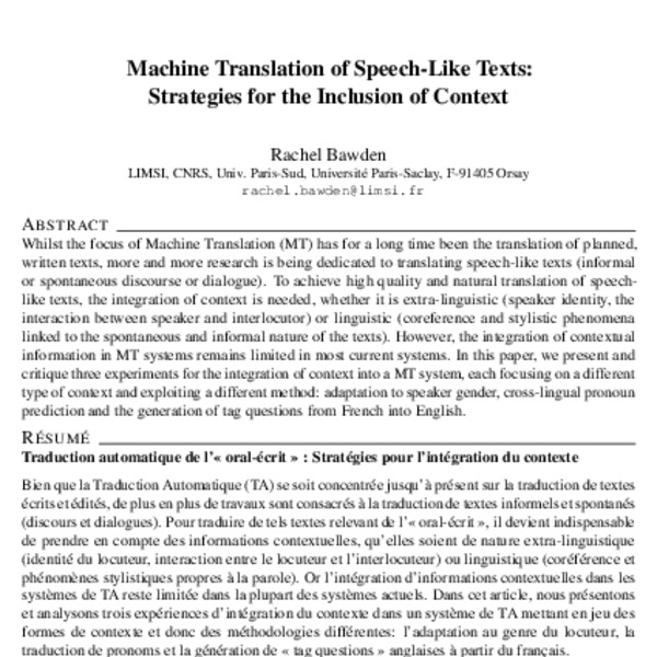 Machine Translation of Speech-Like Texts: Strategies for the Inclusion ...