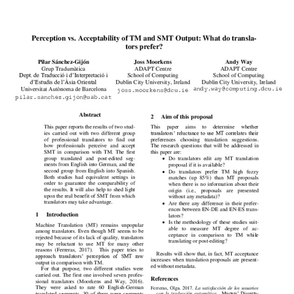 Perception Vs Acceptability Of Tm And Smt Output What Do Translators
