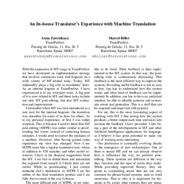 An In-house Translator’s Experience with Machine Translation - ACL ...