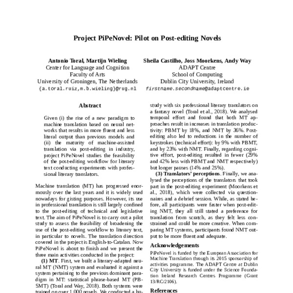 Project PiPeNovel: Pilot on Post-editing Novels - ACL Anthology