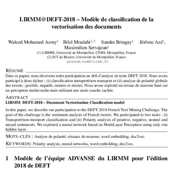LIRMM@DEFT-2018 – Modèle de classification de la vectorisation des ...