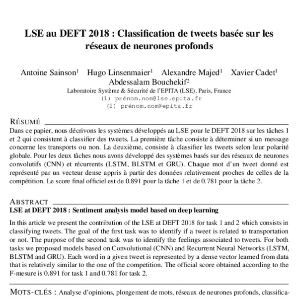 LSE au DEFT 2018 : Classification de tweets basée sur les réseaux de ...