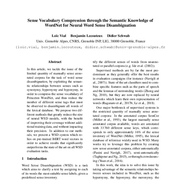 Sense Vocabulary Compression through the Semantic Knowledge of WordNet for Neural Word Sense ...