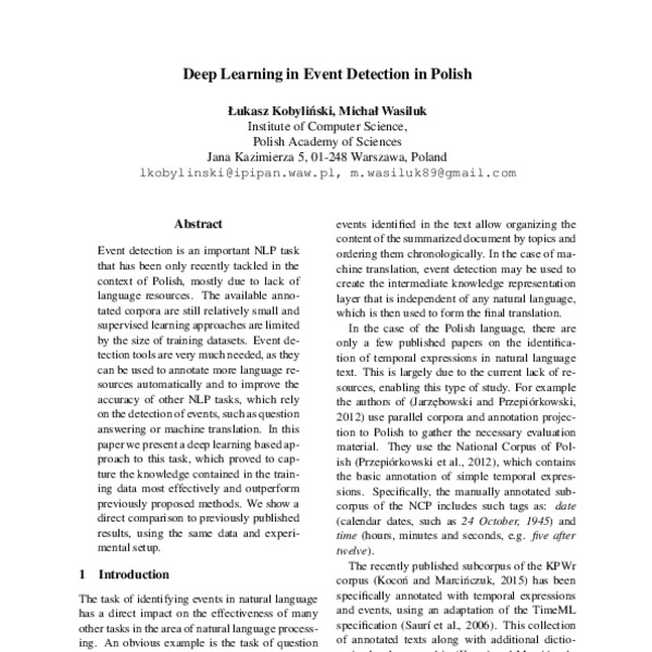 Deep Learning In Event Detection In Polish Acl Anthology