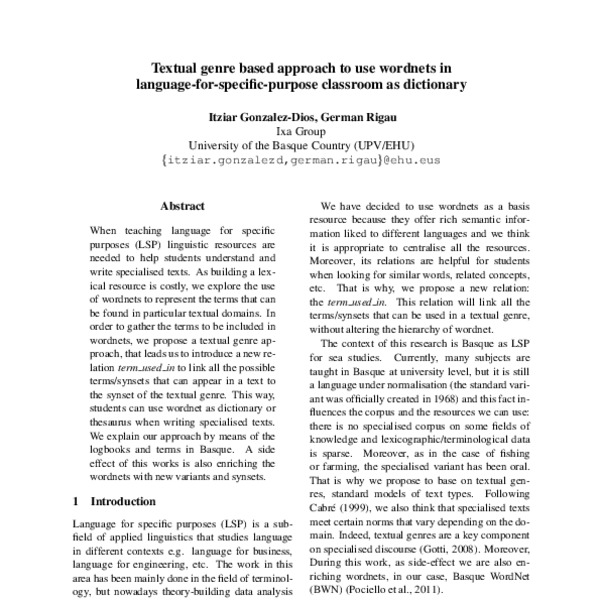 Textual genre based approach to use WordNet in language-for-specific ...