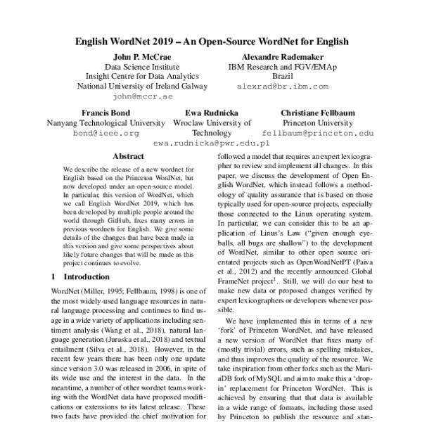 English Wordnet 2019 An Open Source Wordnet For English Acl Anthology