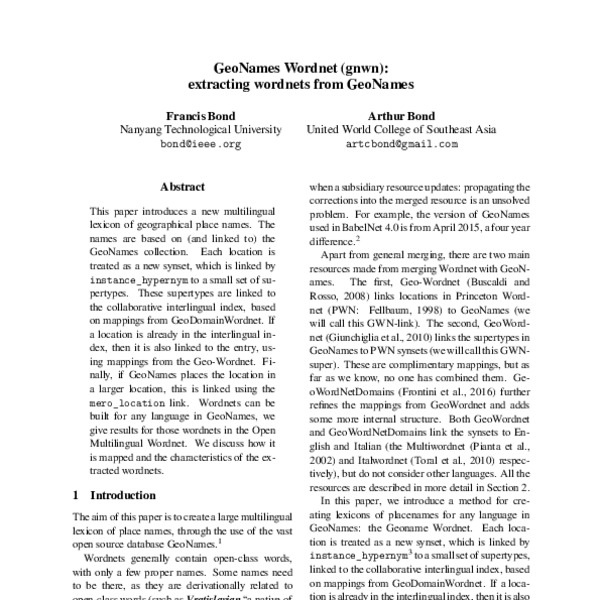 GeoNames Wordnet (geown): extracting wordnets from GeoNames - ACL Anthology