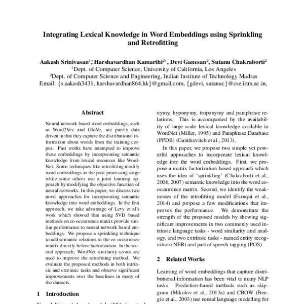 Integrating Lexical Knowledge In Word Embeddings Using Sprinkling And Retrofitting Acl Anthology