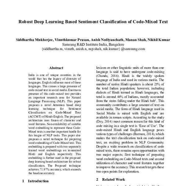 Robust Deep Learning Based Sentiment Classification of Code-Mixed Text - ACL Anthology