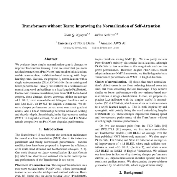 Transformers without Tears: Improving the Normalization of Self-Attention - ACL Anthology