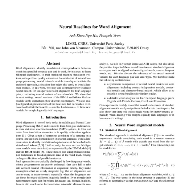 Neural Baselines for Word Alignment - ACL Anthology