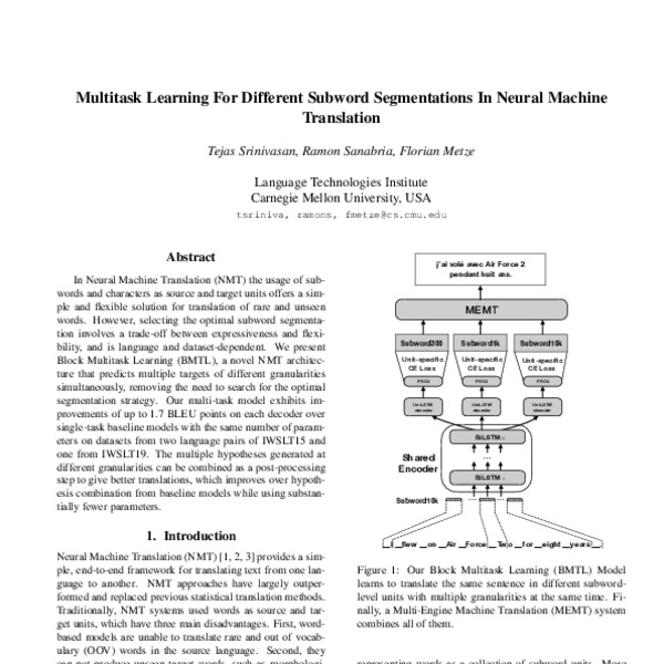 Multitask Learning For Different Subword Segmentations In Neural Machine Translation - ACL Anthology