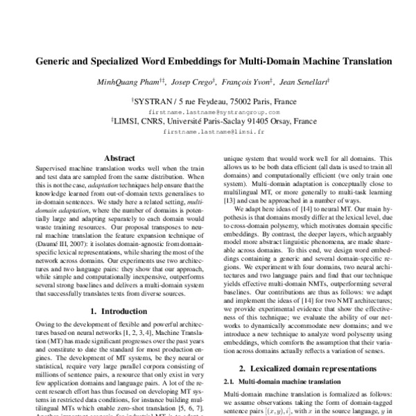 Generic and Specialized Word Embeddings for Multi-Domain Machine Translation - ACL Anthology