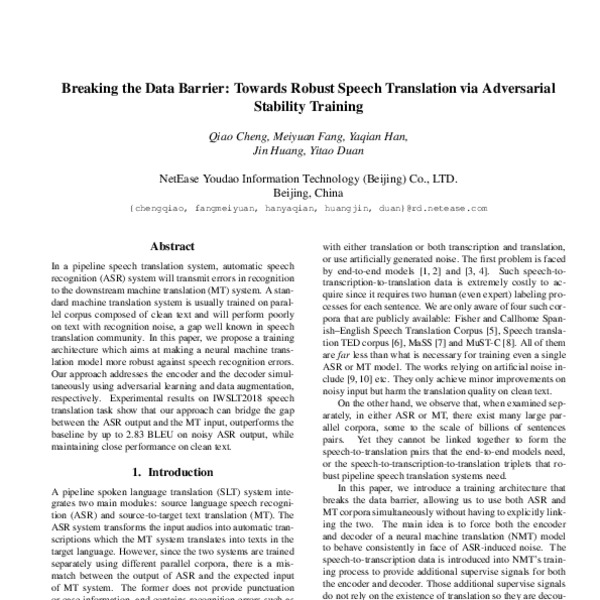 Breaking the Data Barrier: Towards Robust Speech Translation via Adversarial Stability Training ...