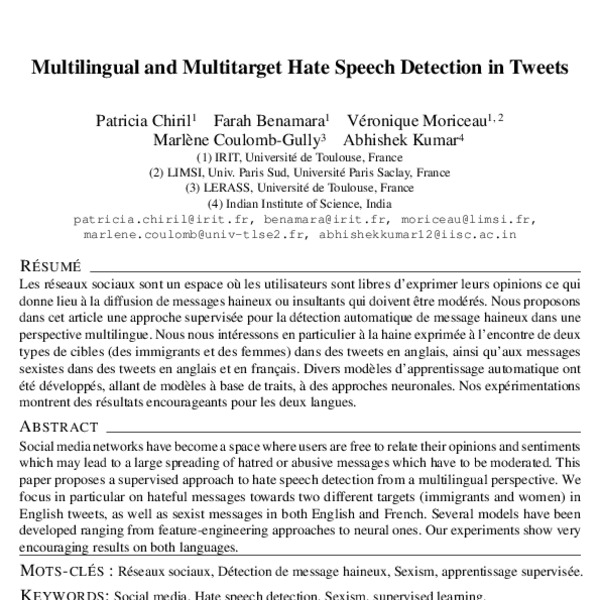 Multilingual and Multitarget Hate Speech Detection in Tweets - ACL Anthology