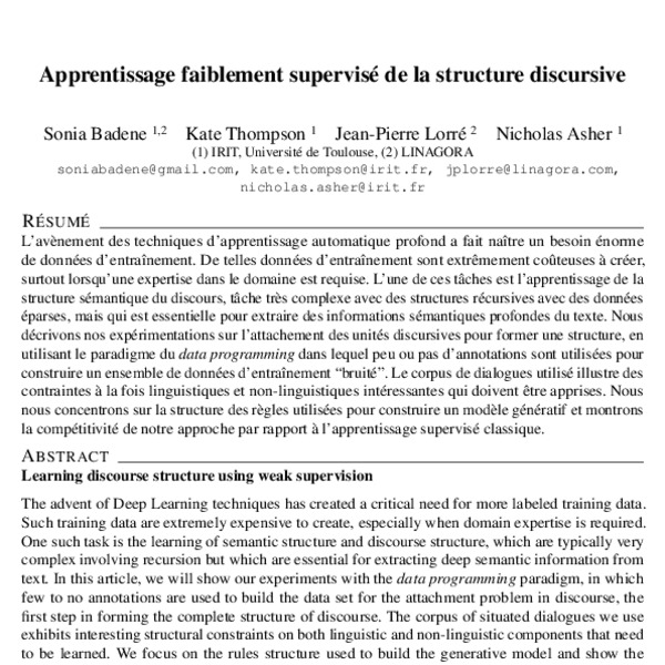 Apprentissage faiblement supervisé de la structure discursive (Learning discourse structure ...