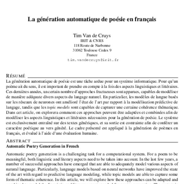 La génération automatique de poésie en français (Automatic Poetry ...