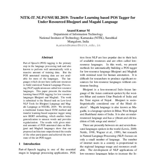 Nitk Itnlpnsurl2019 Transfer Learning Based Pos Tagger For Under Resourced Bhojpuri And