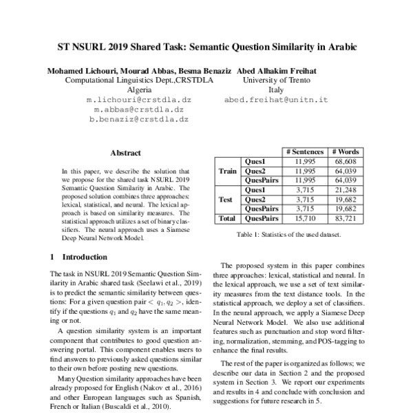 ST NSURL 2019 Shared Task: Semantic Question Similarity in Arabic - ACL Anthology