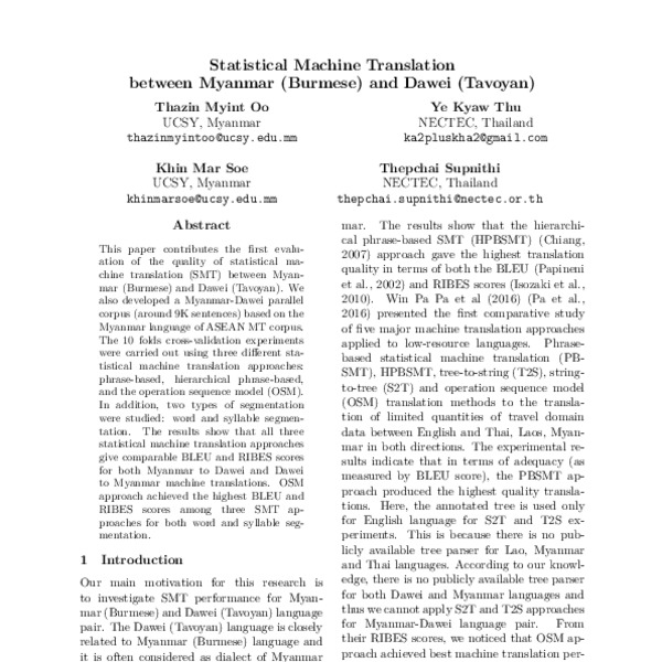 Statistical Machine Translation between Myanmar (Burmese) and Dawei ...
