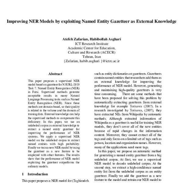 Improving NER Models by exploiting Named Entity Gazetteer as External Knowledge - ACL Anthology