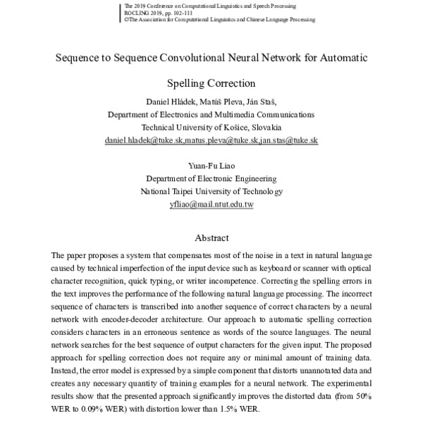 Sequence to Sequence Convolutional Neural Network for Automatic Spelling Correction - ACL Anthology